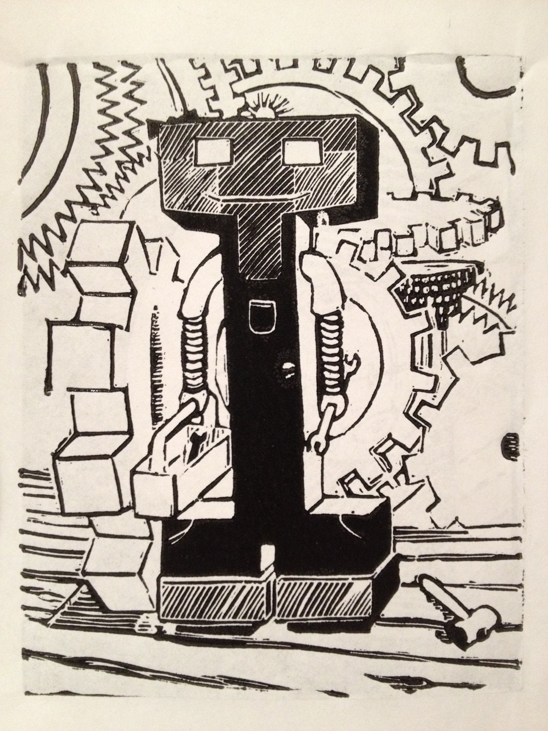 I: Retro Science Fiction Alphabet Letter, Robot Linocut (woodcut-ish ...