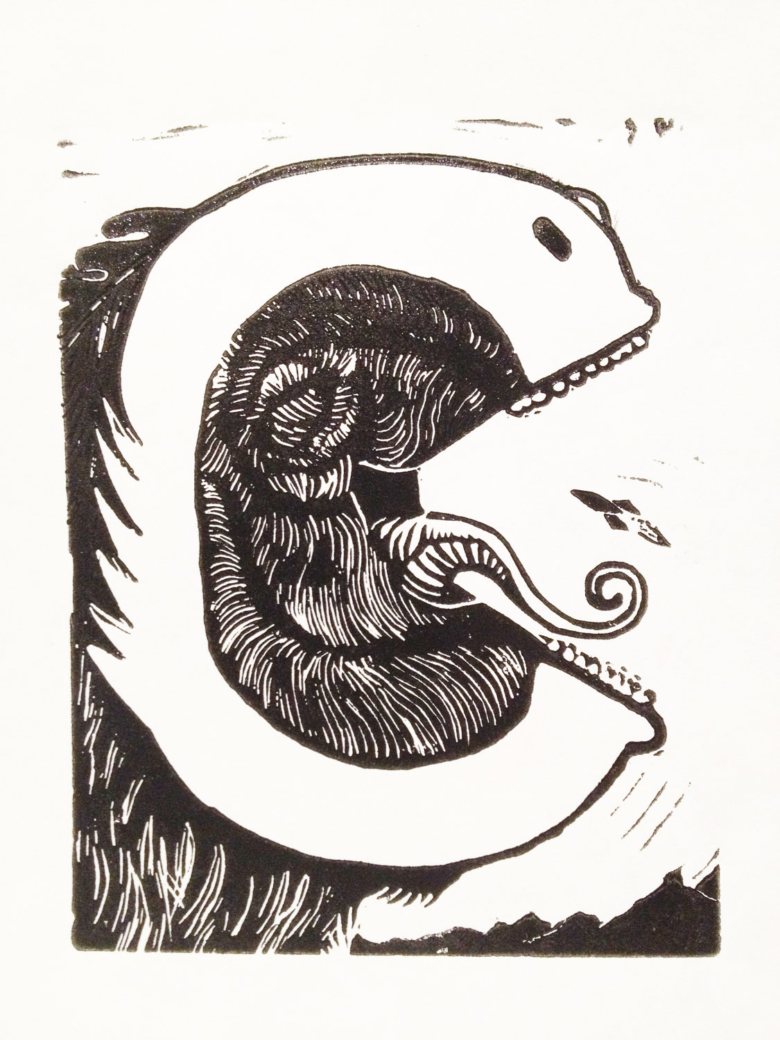 C: Retro Science Fiction Alphabet Letter, Beast Linocut (woodcut-ish ...