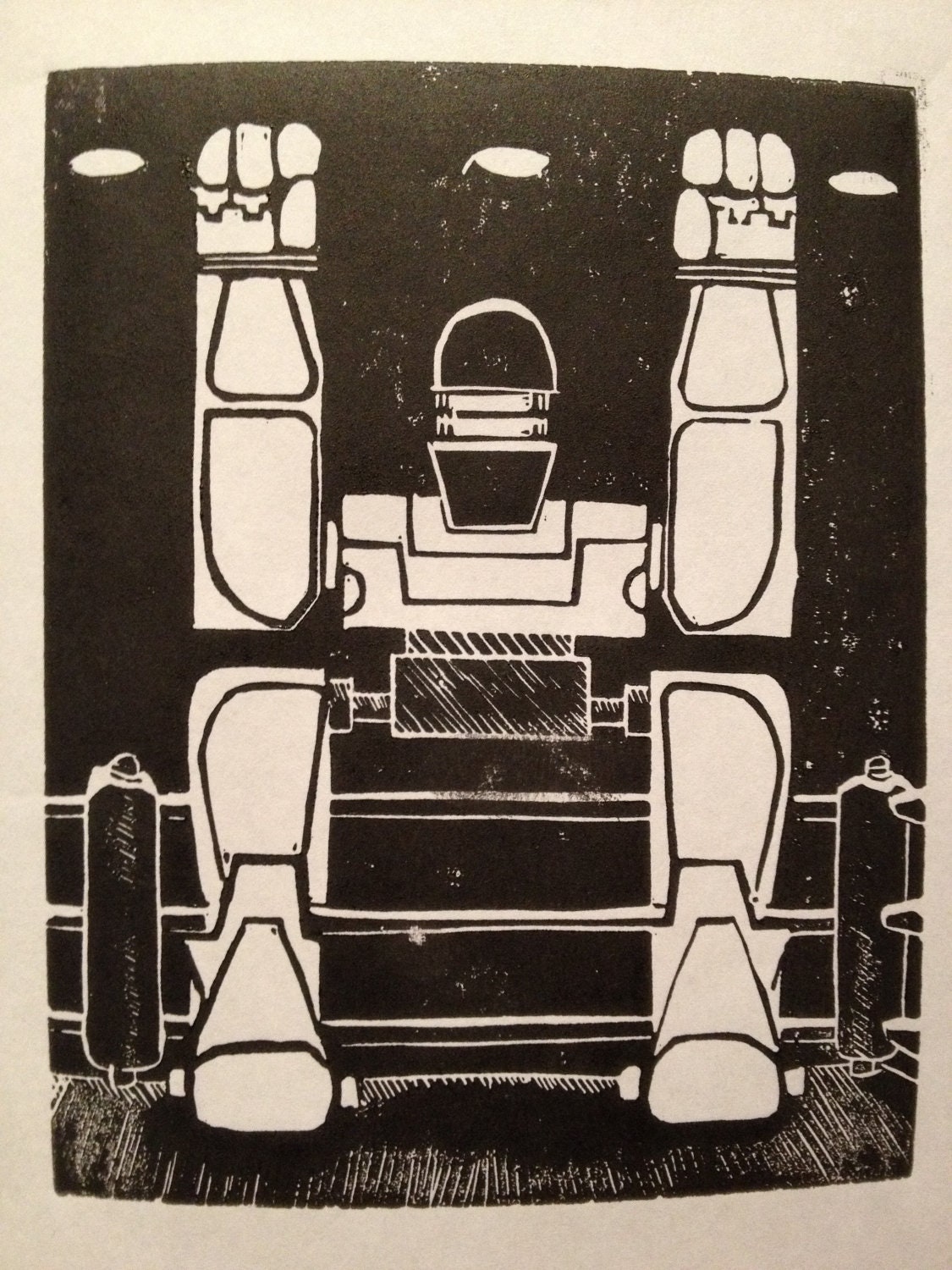 H: Retro Science Fiction Alphabet Letter, Boxing Robot Linocut (woodcut ...