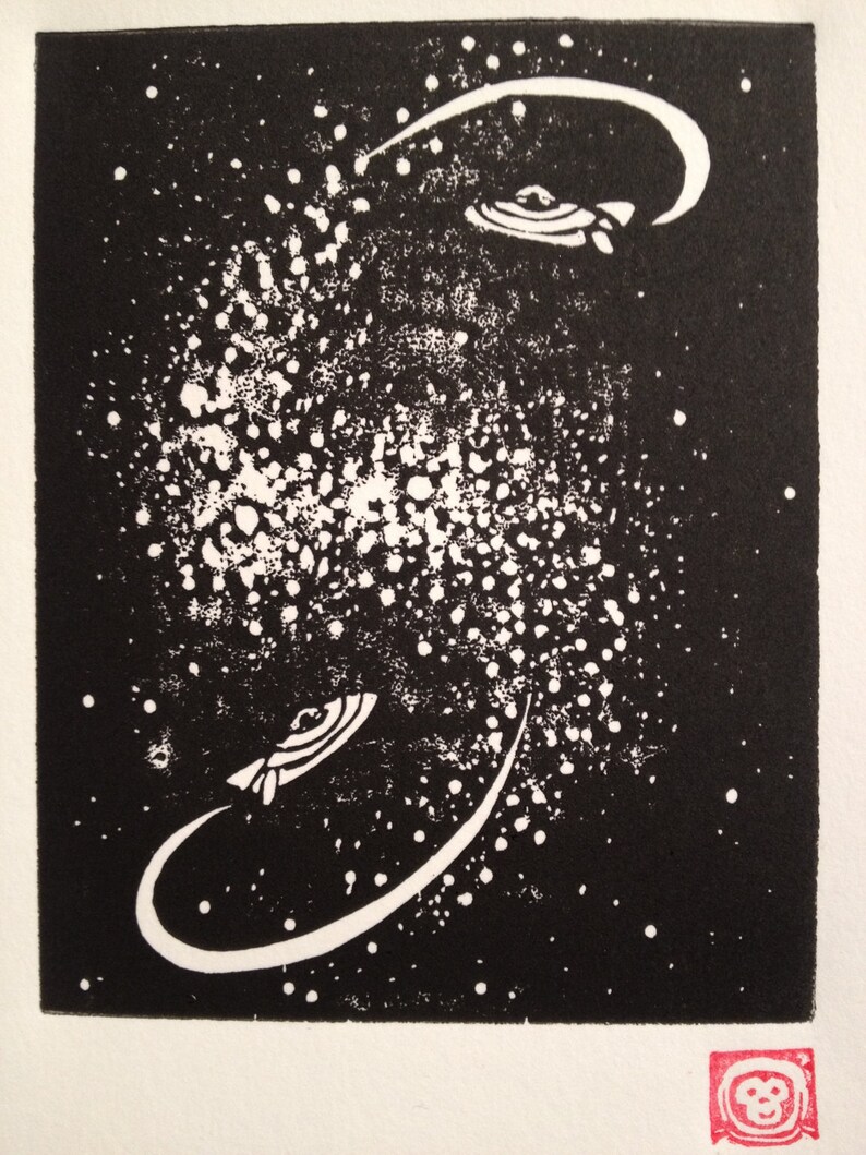 S: Retro Science Fiction Alphabet Letter, Spiral Galaxy Linocut ...