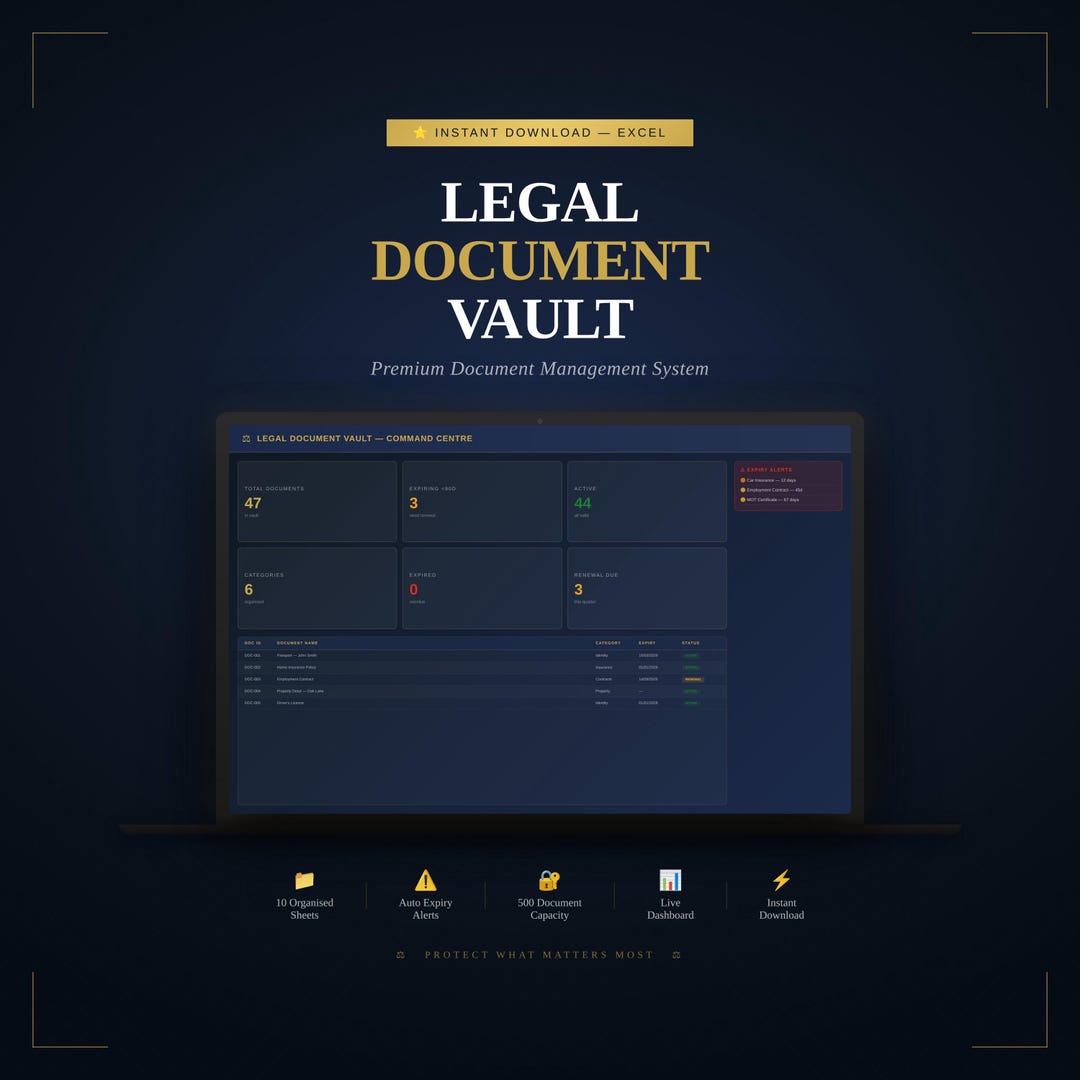 Legal Document Vault Spreadsheet | Excel Tracker (digital Download) - Etsy