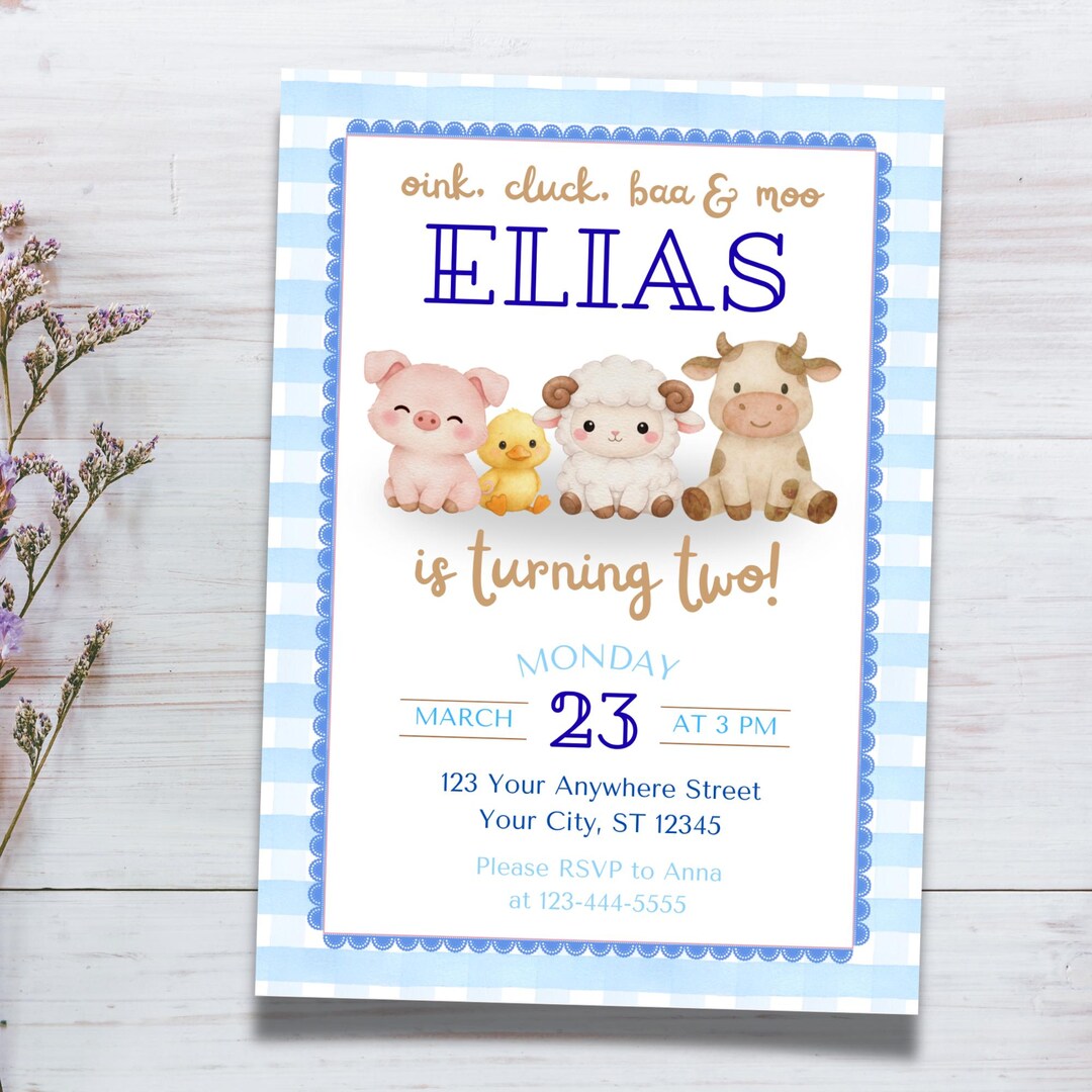 Farm Animal Birthday Invitation Template, Boy 2nd Birthday Invite ...