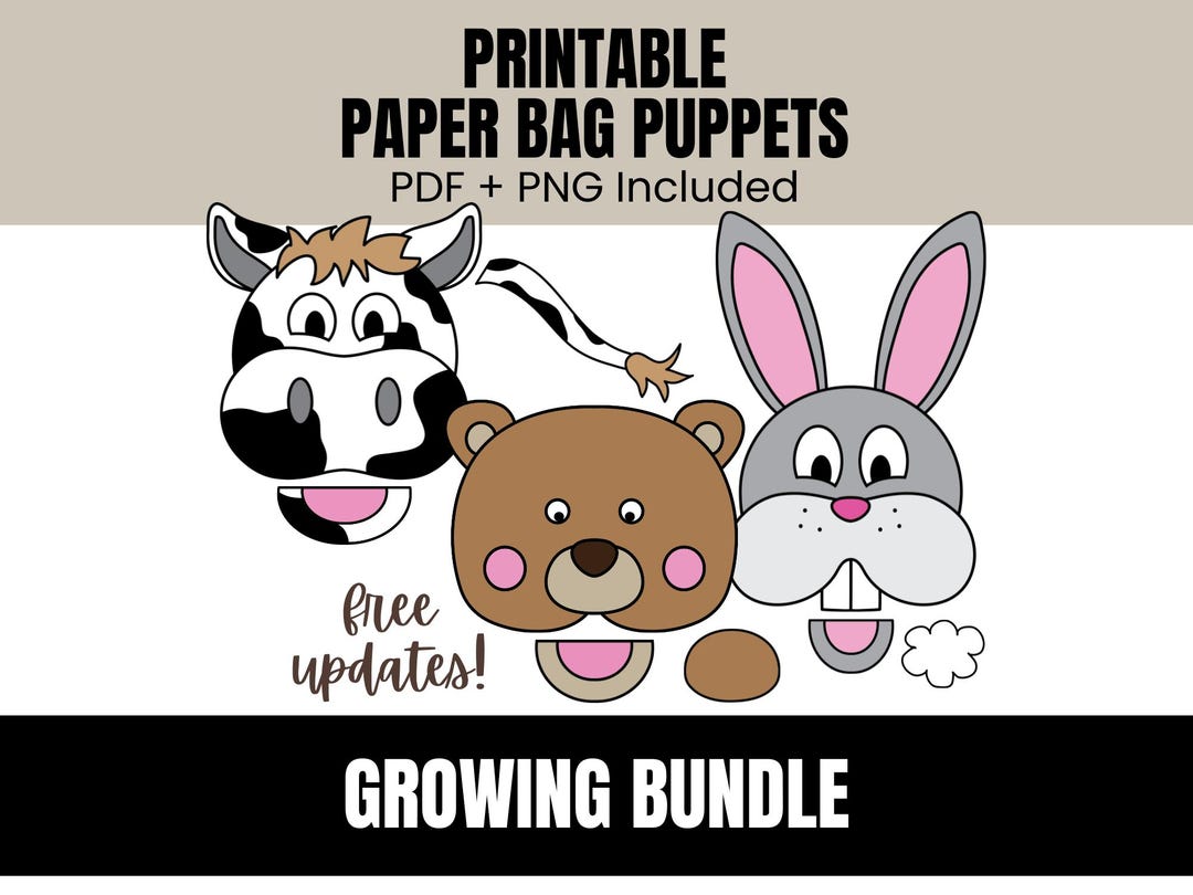 Animal Paper Bag Puppets Printable Craft Clip Art Growing Bundle PDF ...