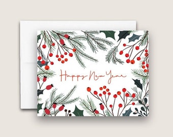 Berry Happy New Year Cards With Birds and Branches Set of 8 Holiday ...