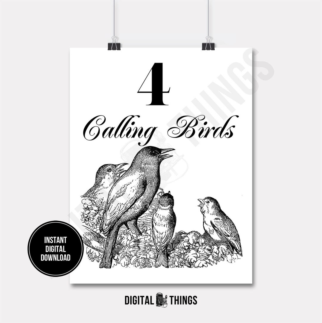 12 Twelve Days of Christmas Four Calling Birds Printable Print Digital ...