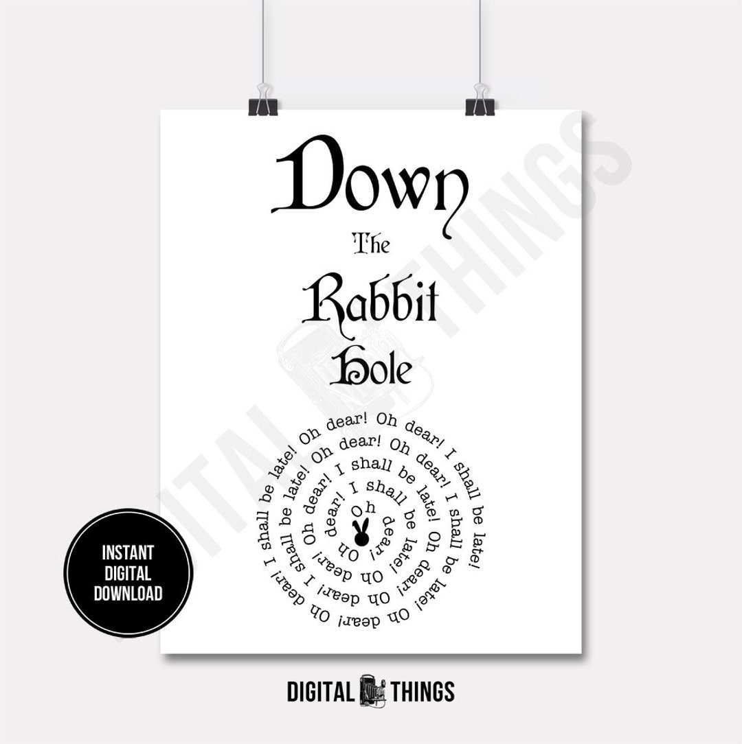 Alice in Wonderland White Rabbit Down Rabbit Hole Word Art Printable ...