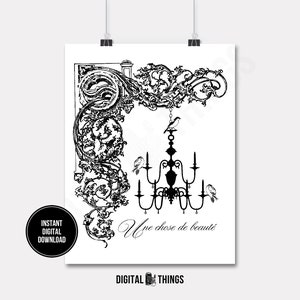 French Chandelier and Birds French Script Wall Decor Art Printable ...