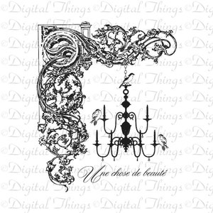 French Chandelier and Birds French Script Wall Decor Art Printable ...