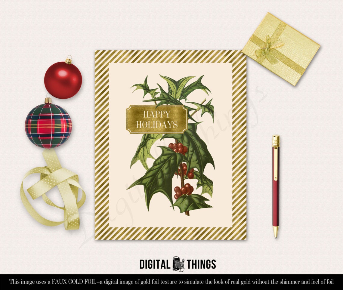 Faux Gold Foil Printable Christmas Holly Happy Holidays. | Etsy
