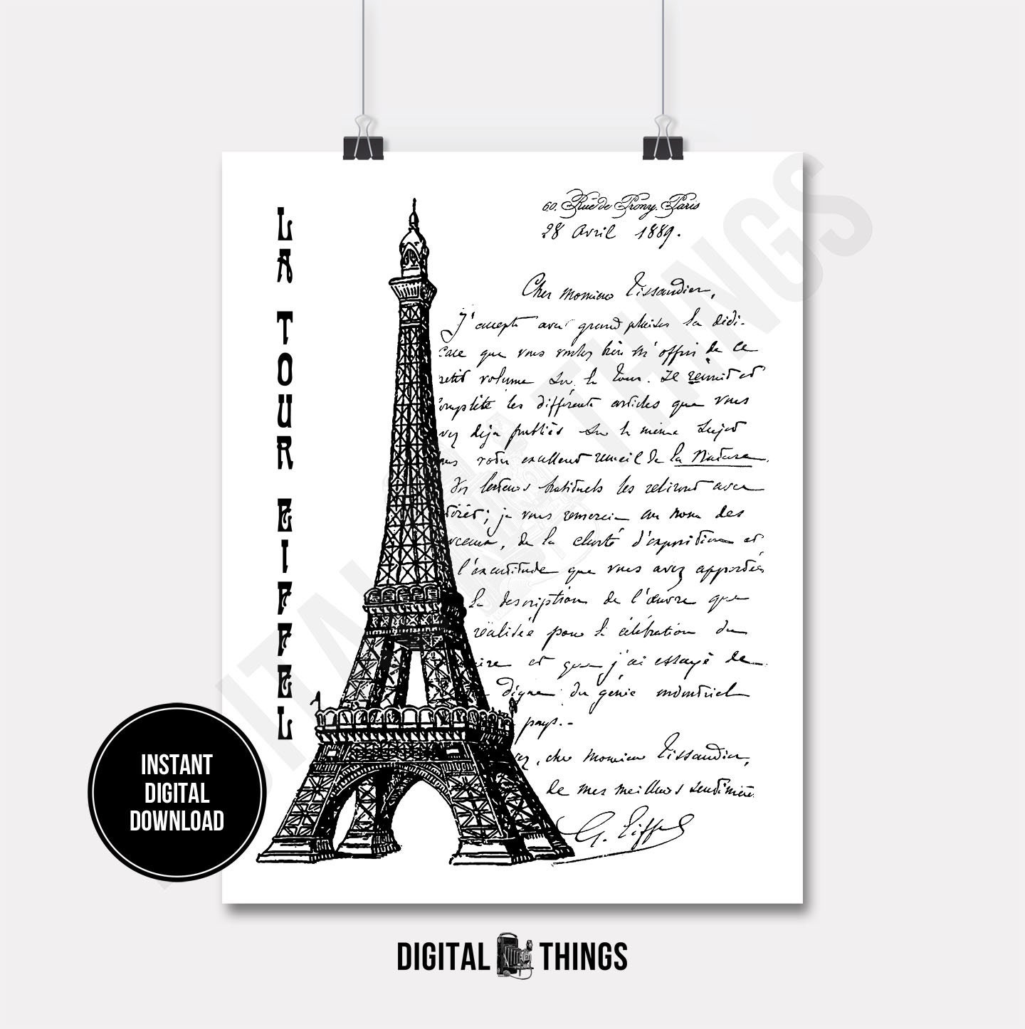 French Eiffel Tower Script Calligraphy Printable Print Digital Instant ...