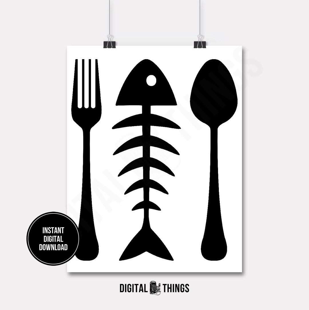Cat Art Pet Art Fish Bone Fork and Spoon Wall Decor Printable Digital ...