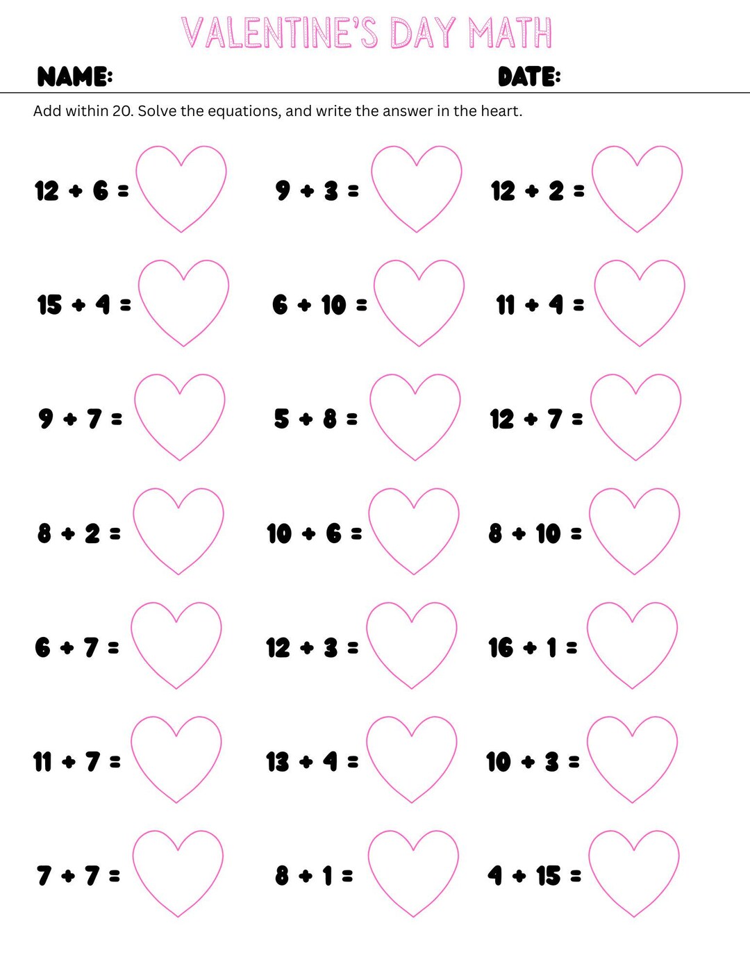 Valentine's Day Adding Within 20 Math Worksheet - Etsy