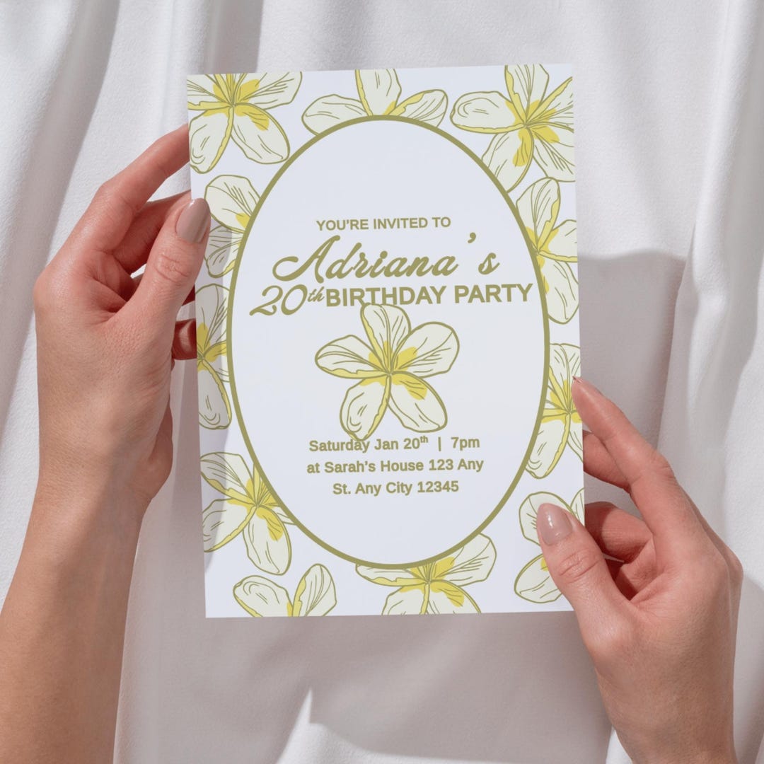 Tropical Flower Birthday Party Invititation • Beige & Yellow Plumeria ...