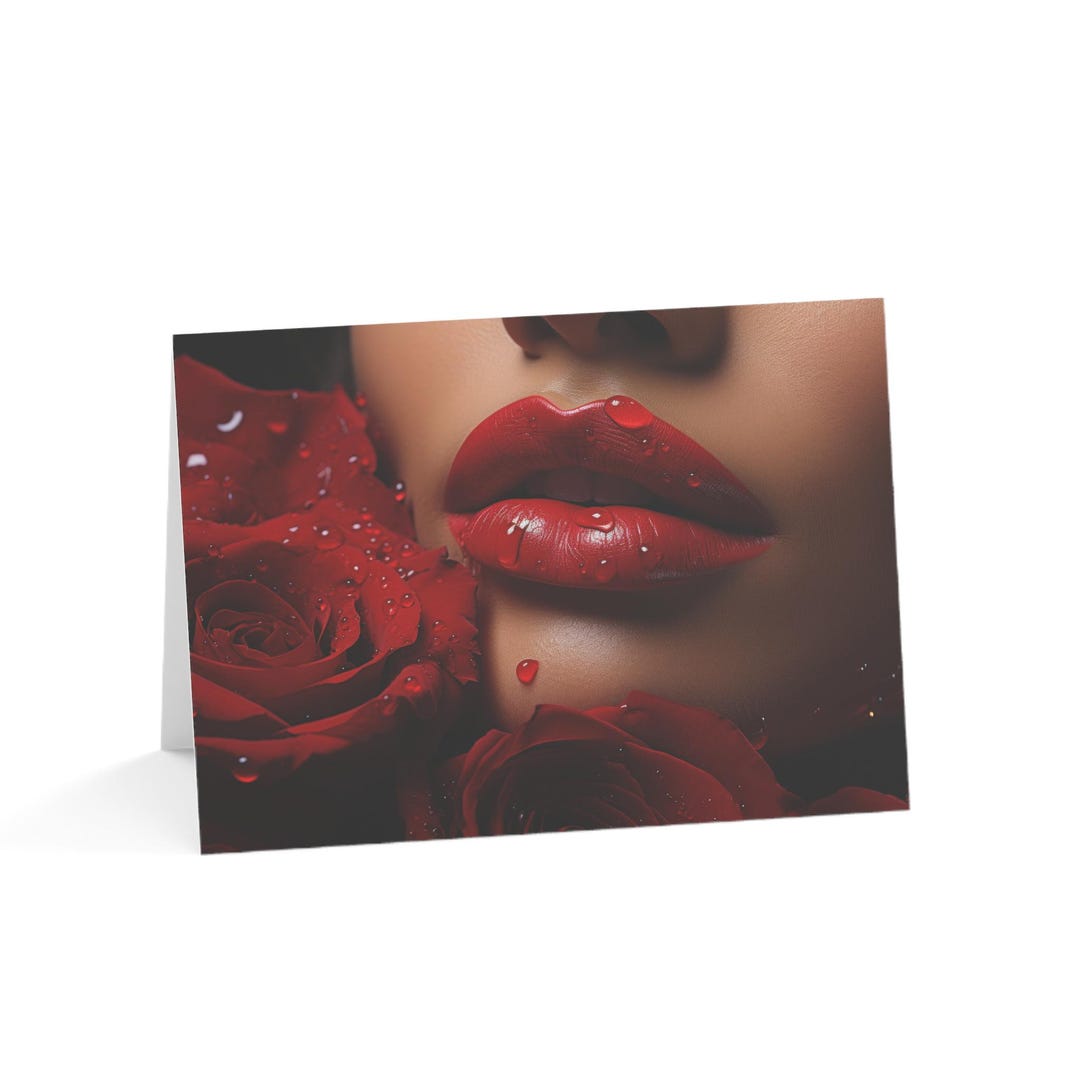 Red Lips With Roses Greeting Card | Romantic Valentines Note Card - Etsy
