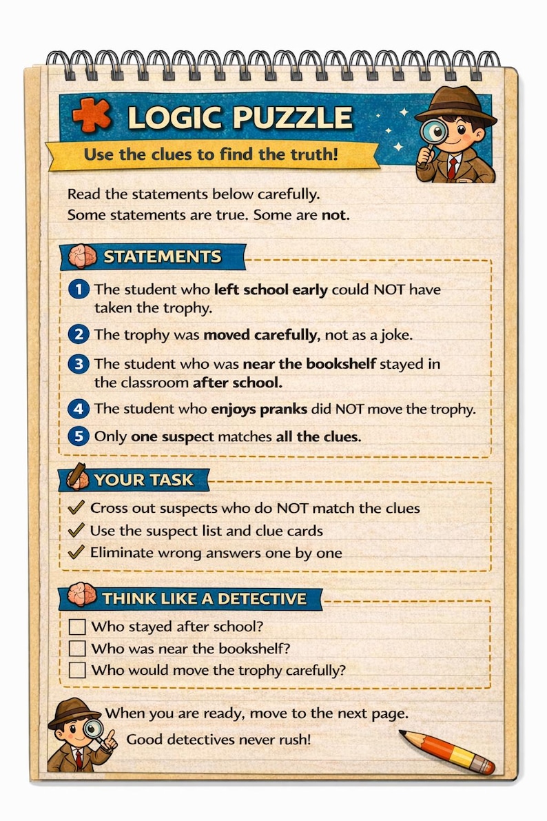 Printable Kids Detective Mystery Game – Clue Hunt & Logic Puzzles ...