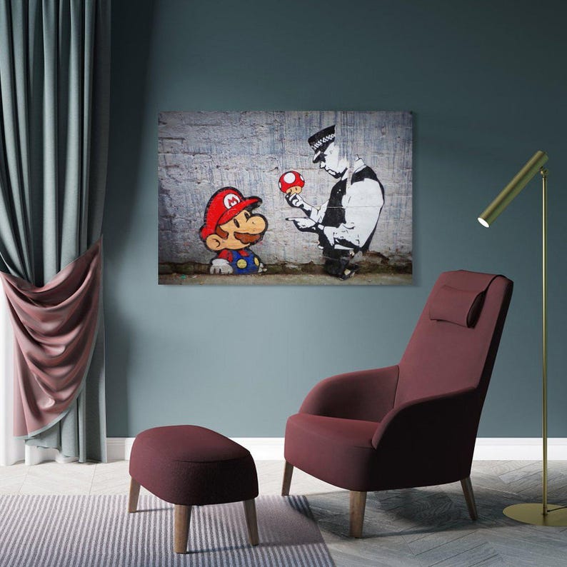 Banksy Graffiti Art Mario and the Cop Painting on Canvas Wall Art ...