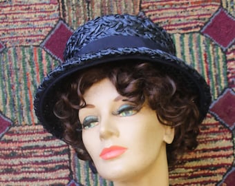 Vintage Straw Hat / Navy Blue Chanda Hat Velvet Trim and Flowers ...