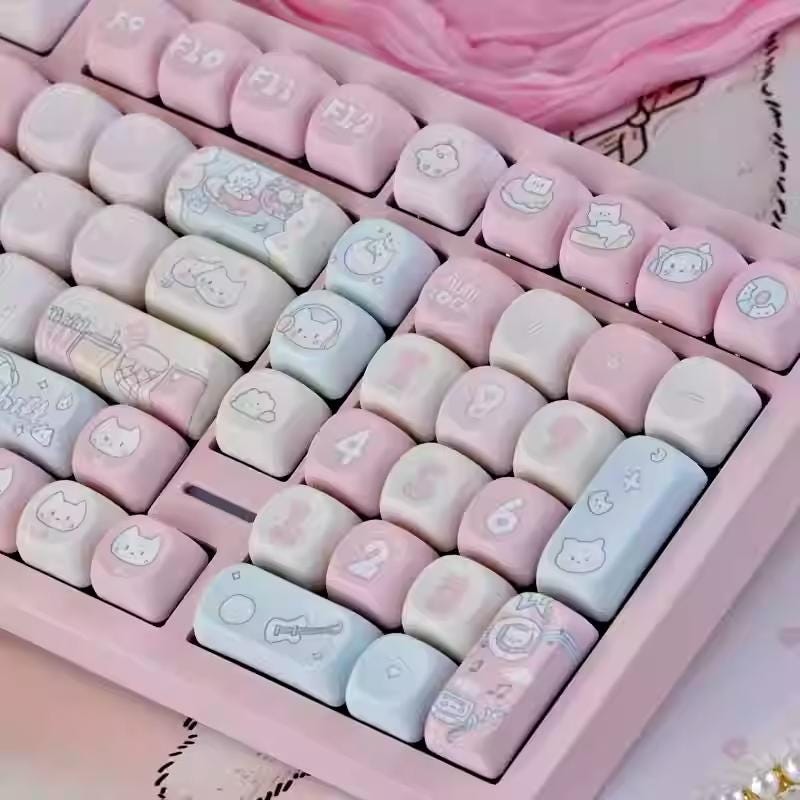 Cute Pink Rocker Cat Themed Keycap Set for Mechanical Keyboard, Kawaii ...