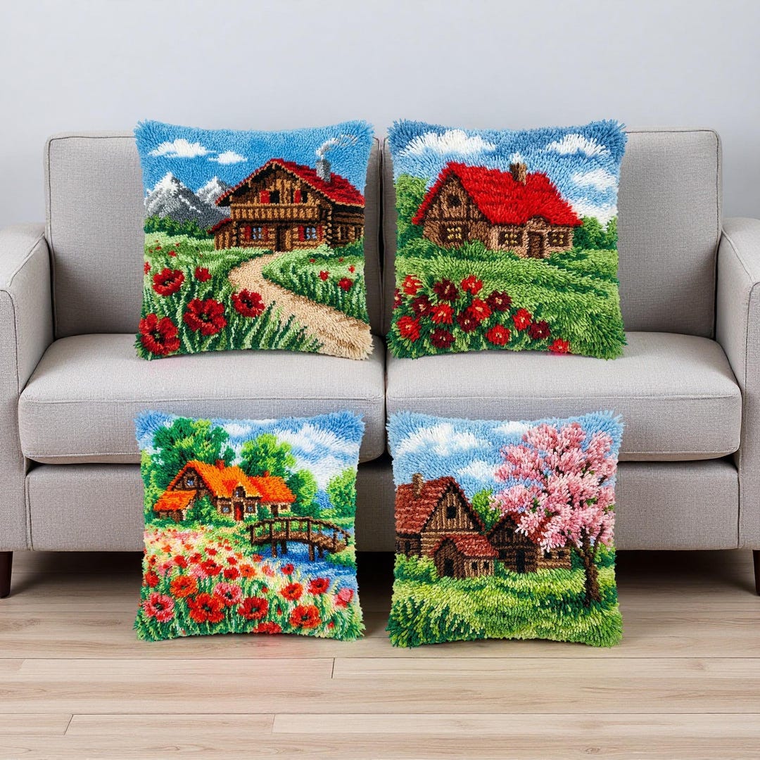 Country Village Latch Hook Rug Kit Cottage House Bridge Blossom Easy ...