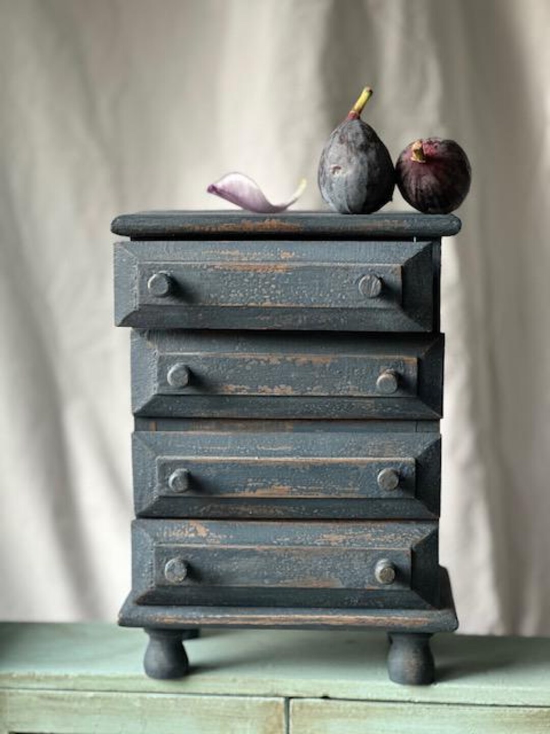 O Antique Primitiv Hand-made Wood Little Dresser ,original Dark Blue ...