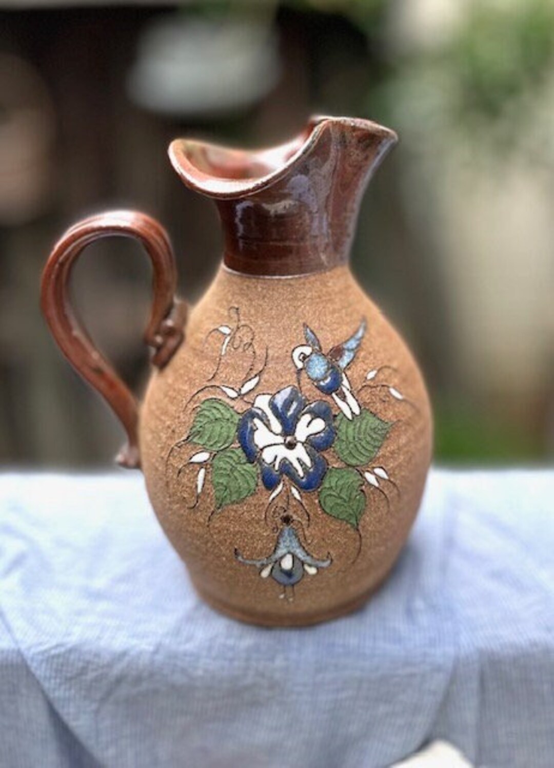 SALE Vintage Ceramic Jar/pitcher or Vase Hand Made Paint Blue Bird and ...