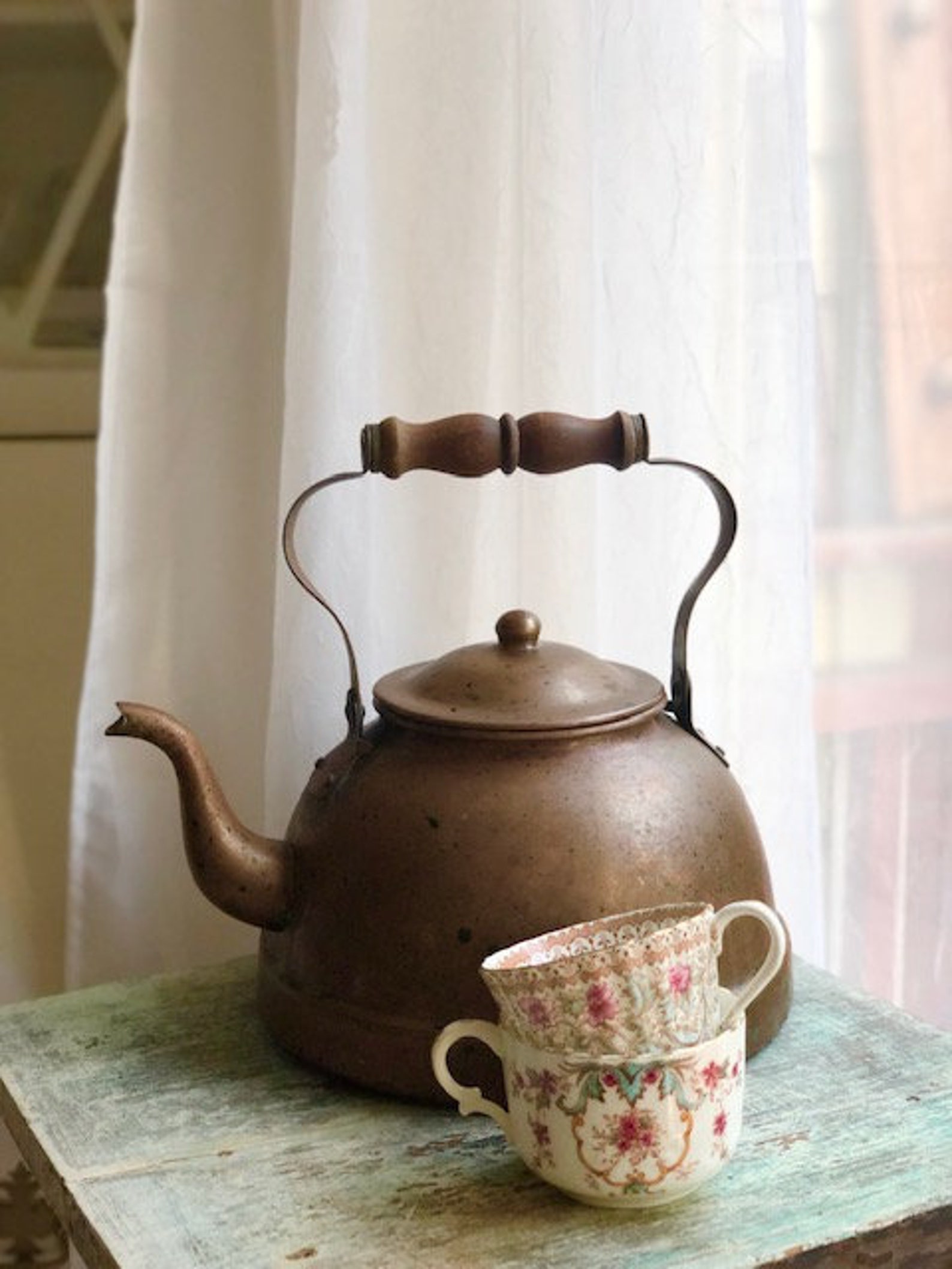 Vintage Copper Big Teapot With Wooden Hamdle,tea Kettle,farm House ...