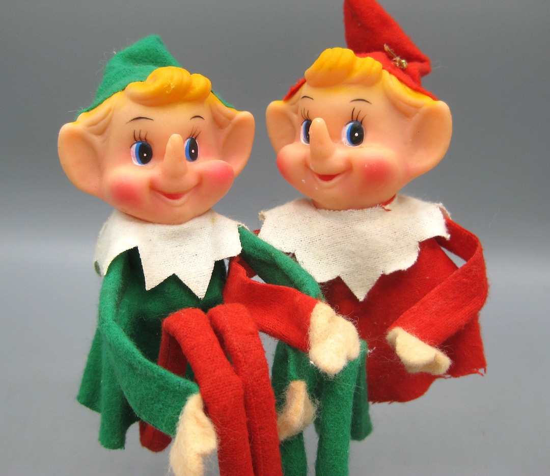 2 Vintage Poseable Felt Plastic Christmas Elf Elves Pixie Dolls ...