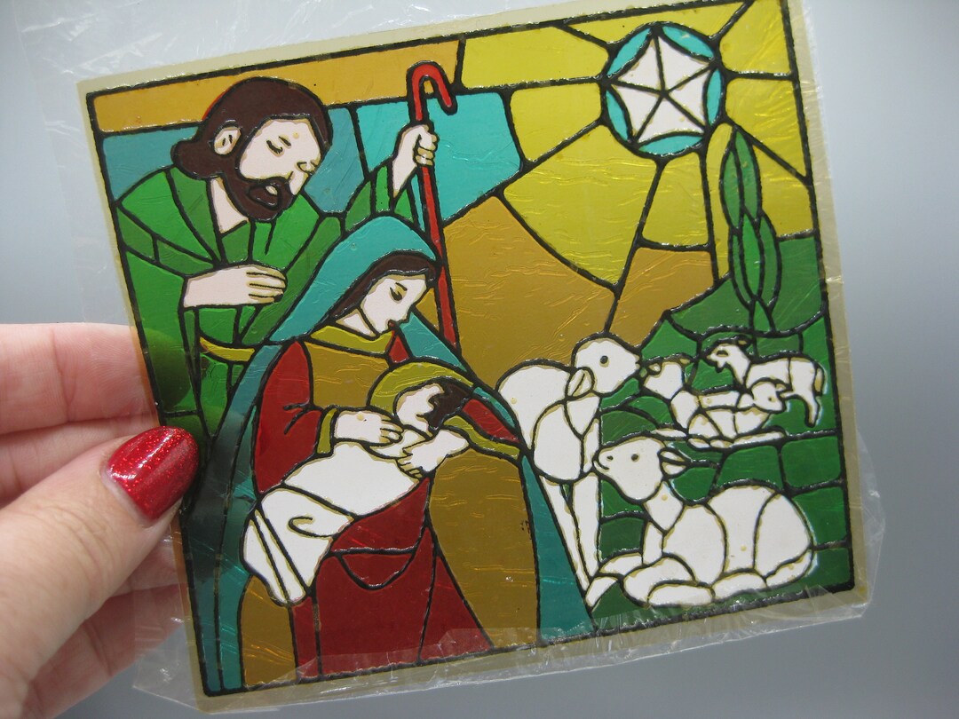 Vintage 70s Cellophane Stained Glass Nativity Scene Window Decoration ...