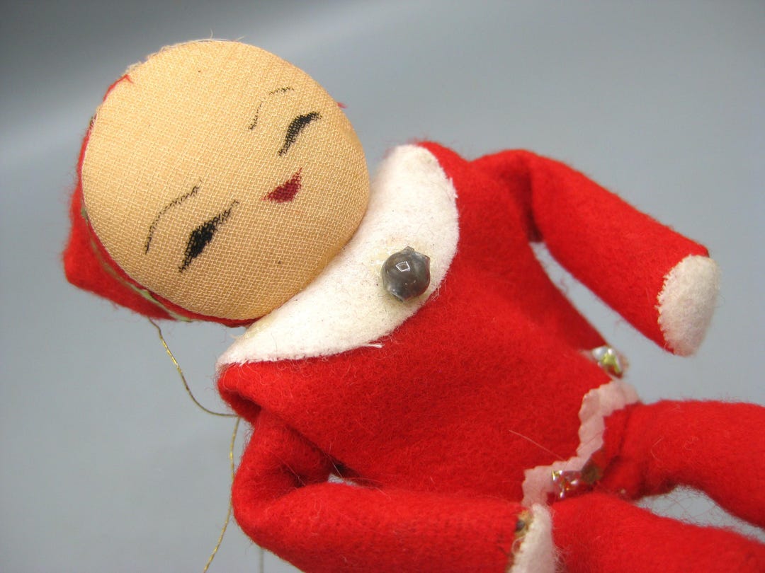Vintage Red Felt Posable Sitting Pixie Elf Doll Christmas Tree Ornament ...