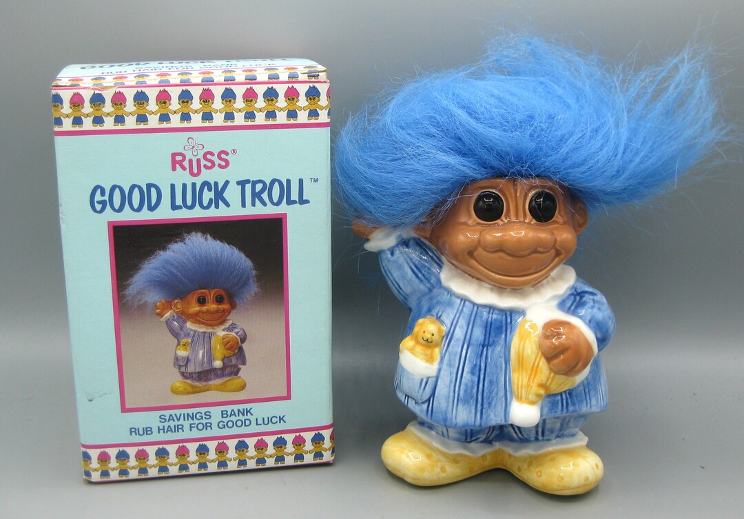 Vintage 80s Russ Good Luck Troll Ceramic Figural Novelty Coin Bank Blue ...
