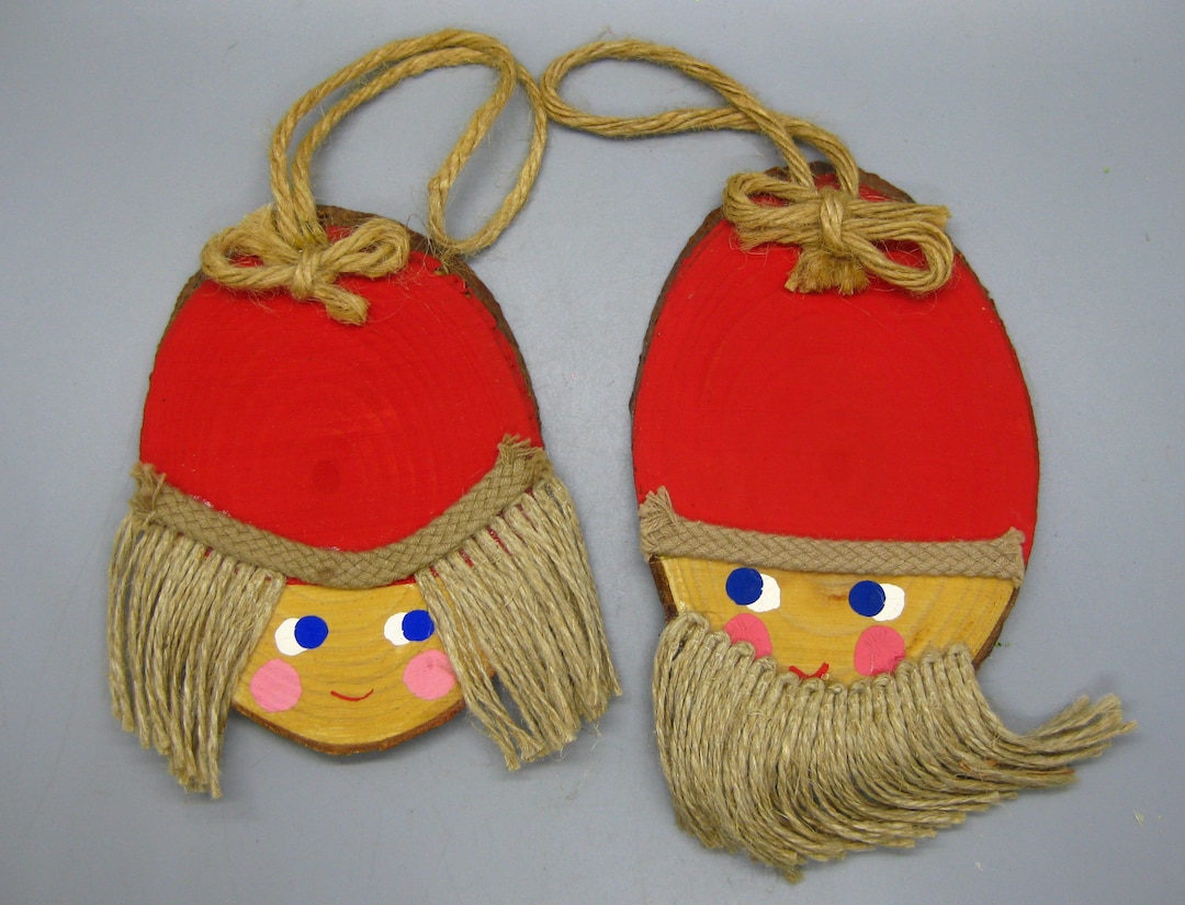 2 Vintage Holboll Denmark Danish Carved Wood Slice Christmas Nisse ...