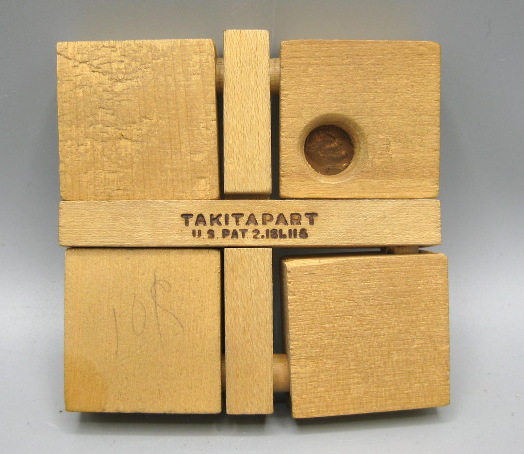 Vintage 40s TAKITAPART Wooden Dexterity Trick Puzzle Hidden Penny Game ...