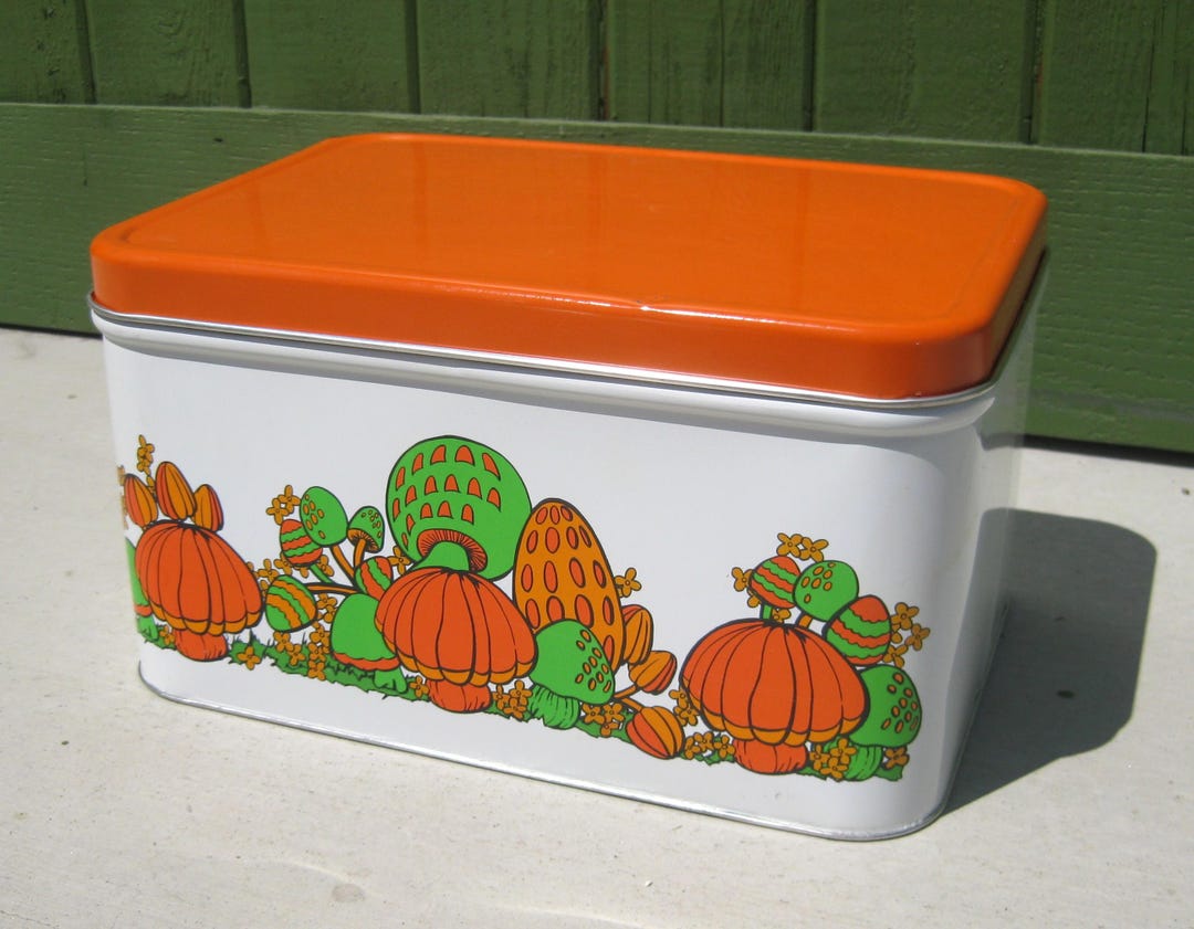 Vintage 70s Tin Litho Metal Bread Box Orange Mushrooms Ballonoff ...