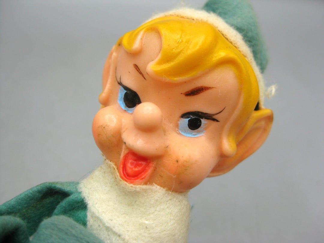 Vintage 50s Green Felt Knee Hugger Scary Elf Christmas Tree Ornament ...