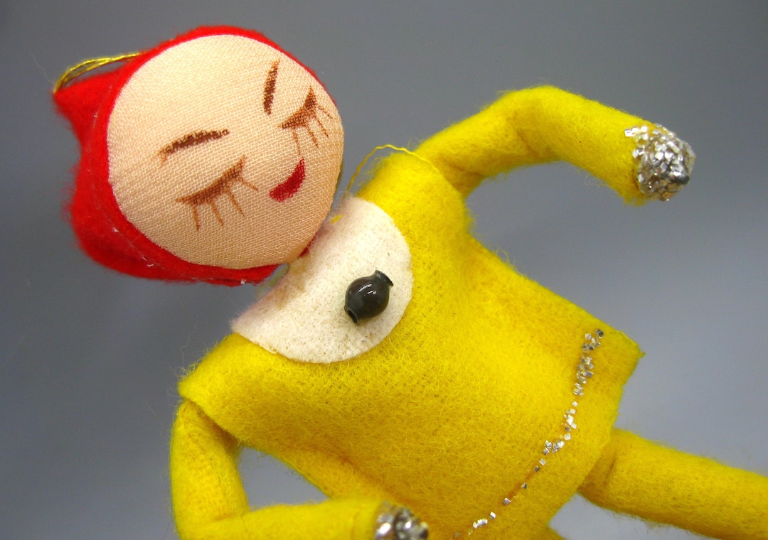 Vintage Yellow Felt Posable Elf Doll Christmas Tree Ornament Decoration ...