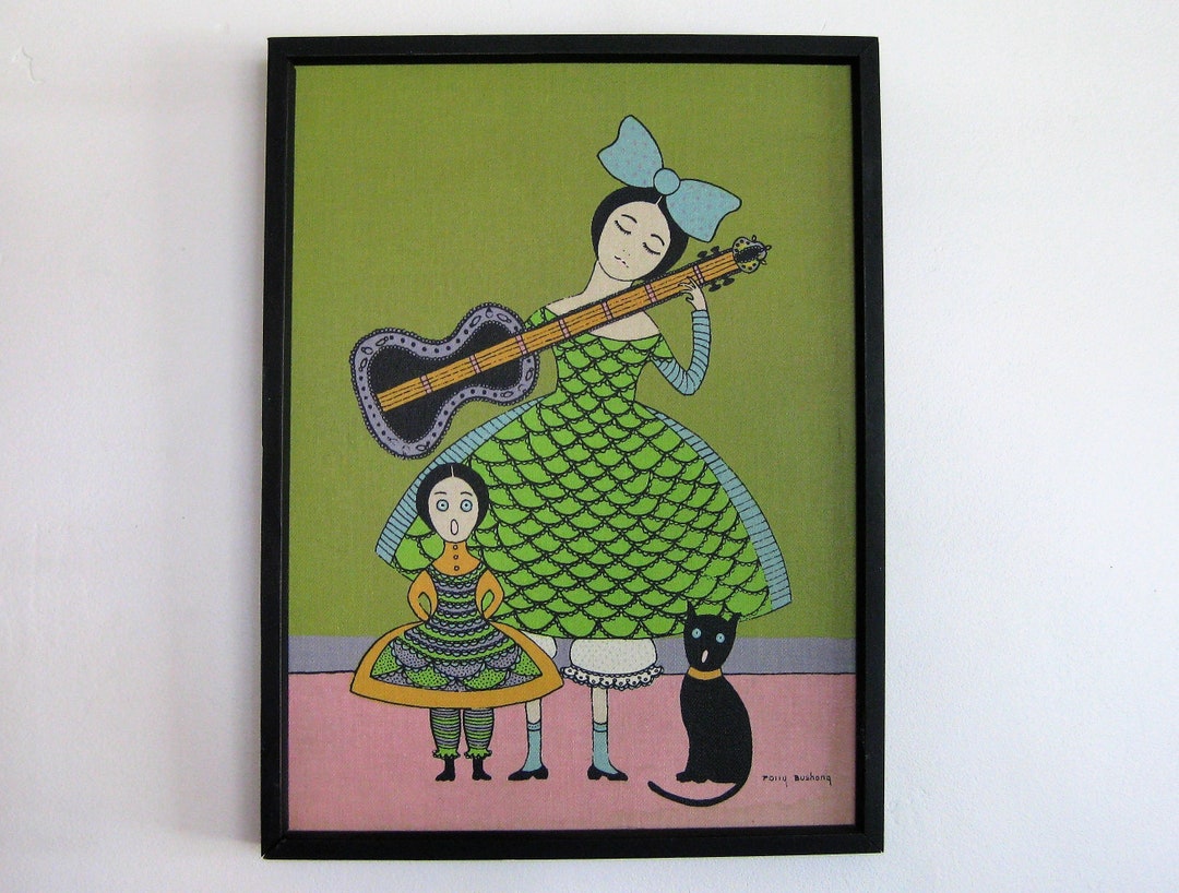 Vintage 70s Print Tom Tru Polly Bushong Art Print Musician Lady Cat ...