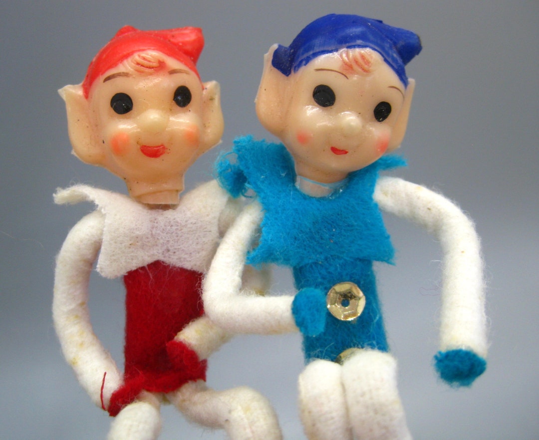 2 Vintage Poseable Mini Felt Plastic Christmas Elf Pixie Doll ...