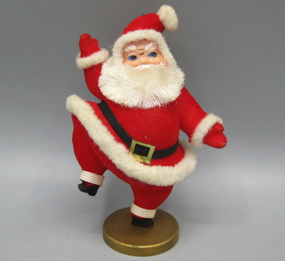 Vintage Red Flocked Dancing Santa Claus 4 Christmas Ornament Figurine ...