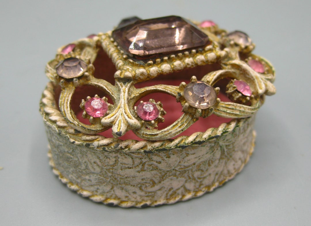 Vintage 50s Pink Jeweled Florenza Rhinestones Vanity Table Trinket Box ...