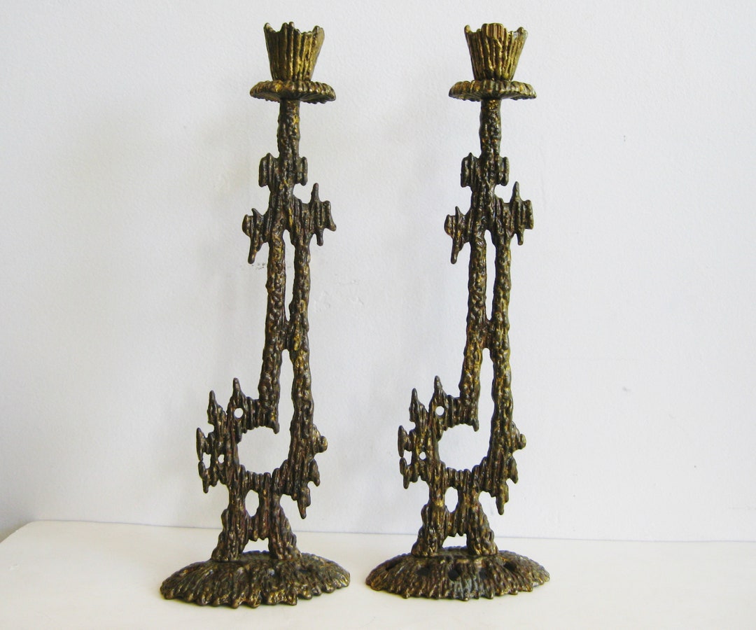 Pair Vintage Wainberg Israel Bronze Brutalist Judaica Candlesticks ...