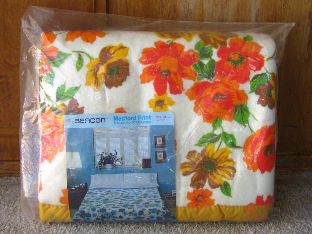 Vintage 70s 80s Beacon Floral Medford Print Acrylic Blanket Deadstock ...