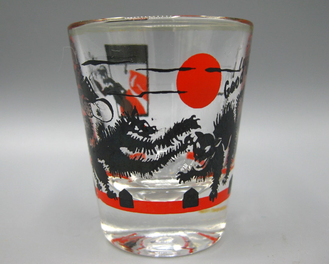 Vintage 40s Black Cat Fight Glass Good Luck Novelty Shot Glass Jigger ...