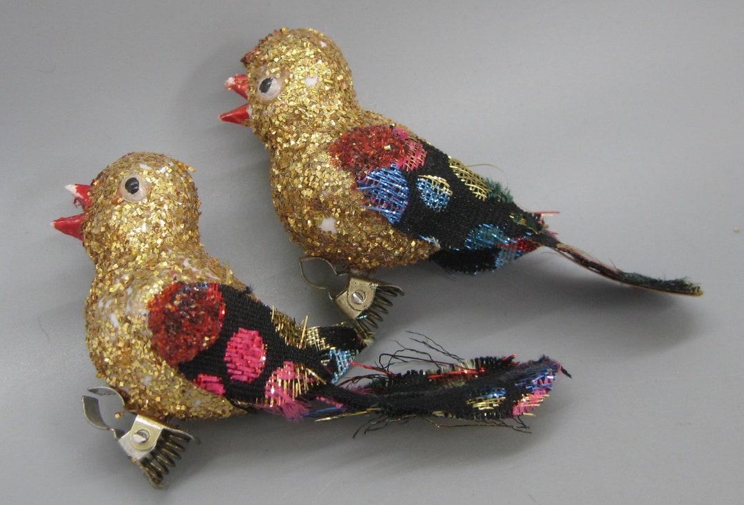2 Vintage 70s Plastic Gold Glitter Bird Clip on Christmas Tree Ornament ...