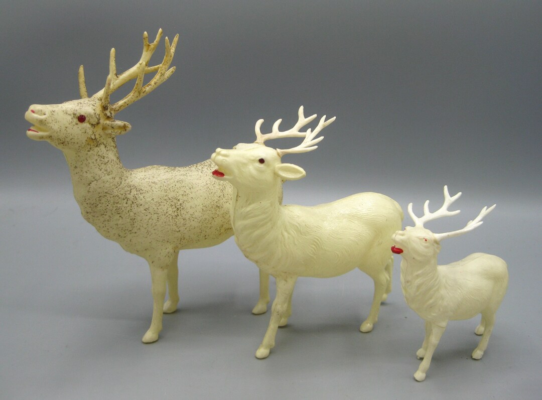 3 Vintage 50s White Celluloid Plastic Reindeer Christmas Kitsch Holiday ...