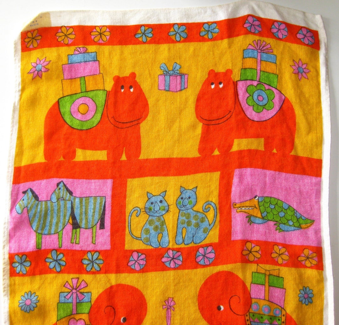 Vintage 60s Mod Cartoon Animals Moomin Style Irish Linen - Etsy