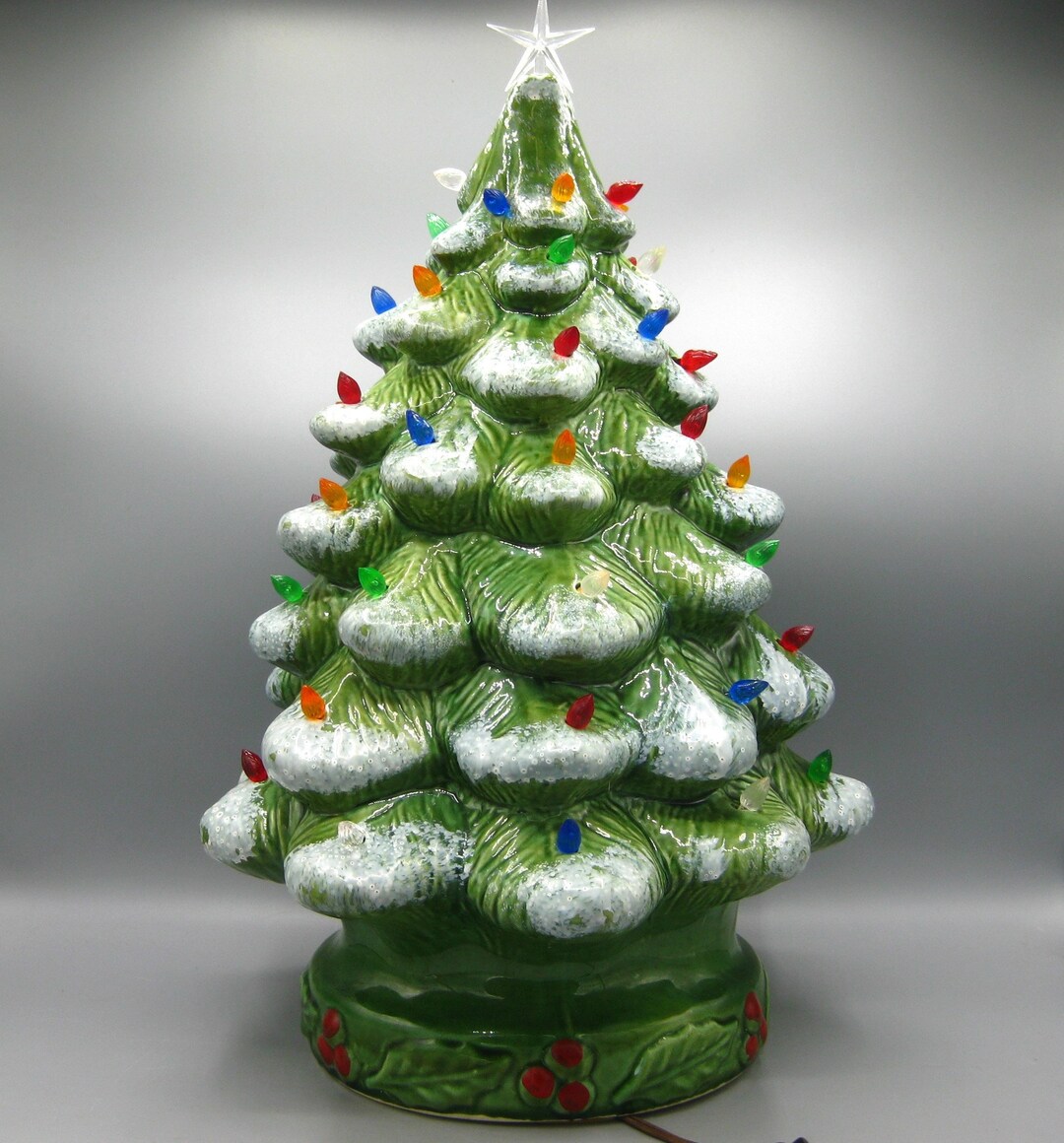 Vintage Ceramic Christmas Flocked Tree 17" Green Ceramic Light up Tree ...