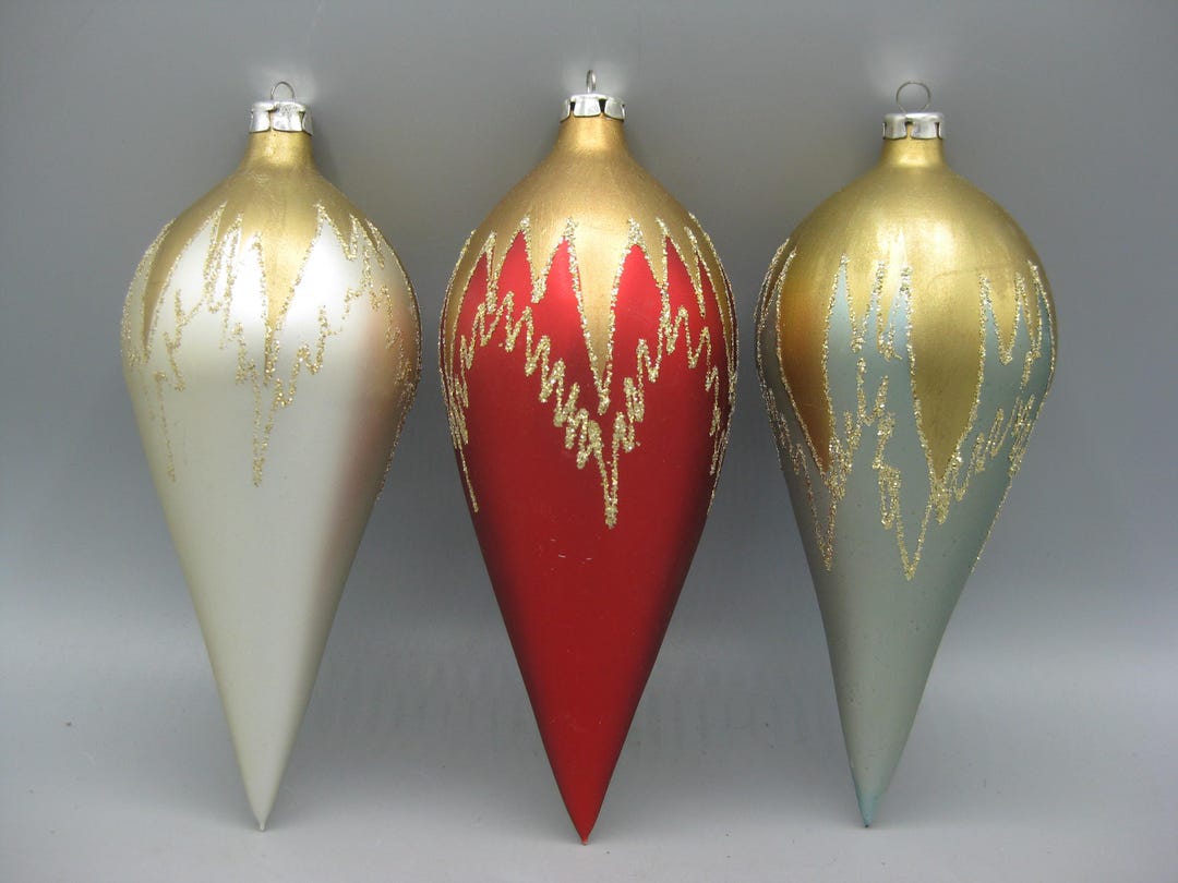 3 Vintage 50s Romanian Hand Blown Glitter Glass Tear Drop Christmas ...