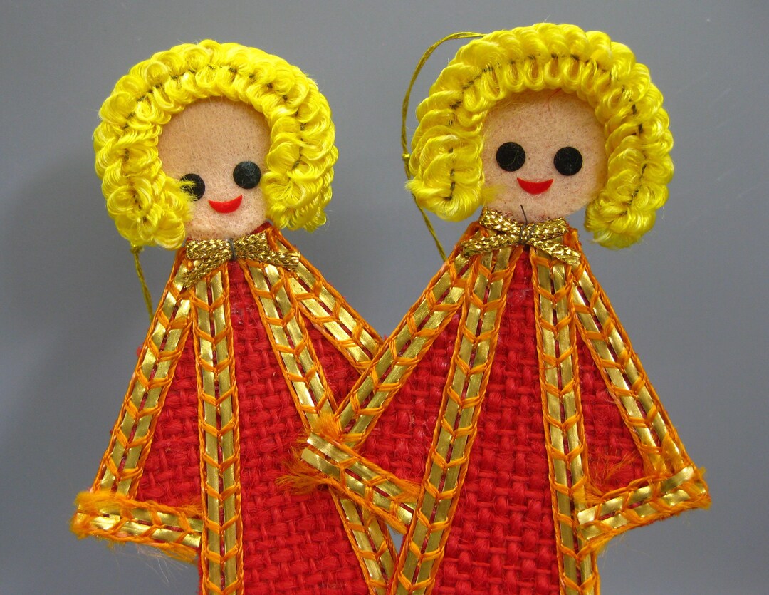 2 Vintage Felt Raffia Gold Trim Angel 60s Christmas Tree Ornaments Made ...