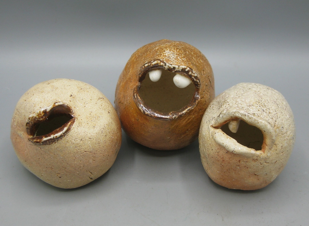 Set of 3 Vintage Grotesque Art Pottery Mouth Teeth Abstract Ceramic ...