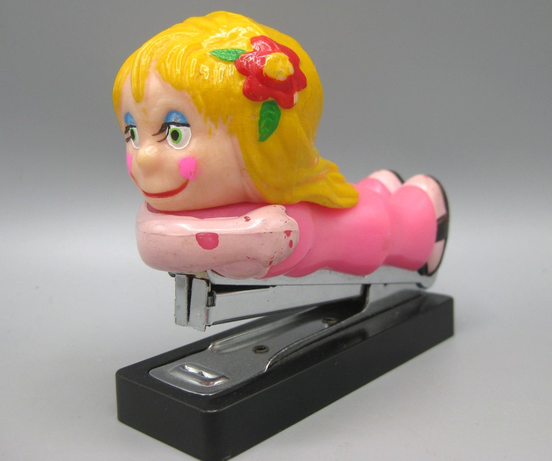 Vintage 60s Plastic Blonde Flower Child Girl Pink Novelty Stapler Desk ...
